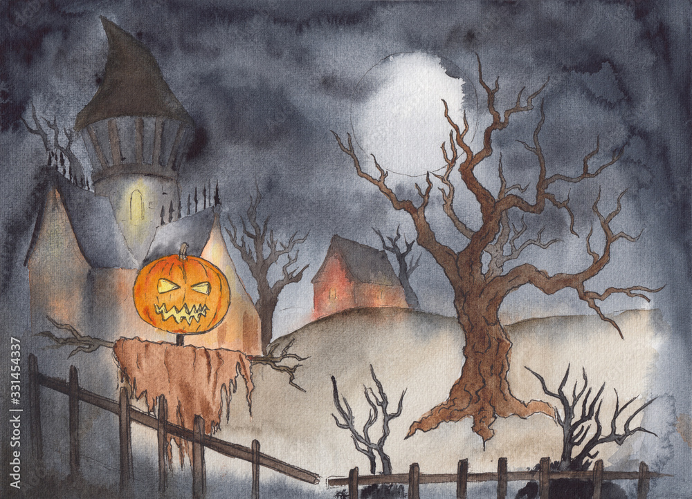 Watercolor hand drawing of dark night landscape. Spooky Halloween ...