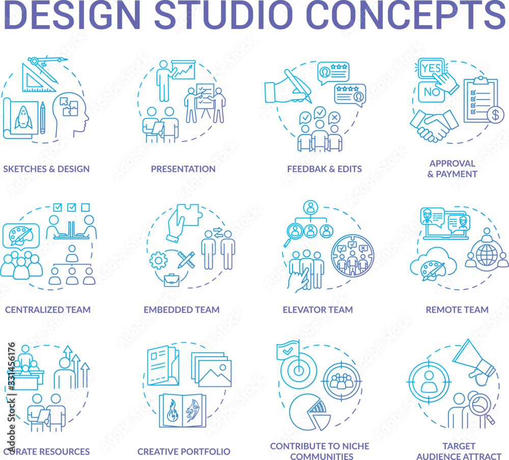 Design agency, workshop concept icons set. Creative studio structure ...