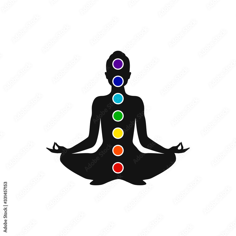 Man figure with symbols of chakras meditation concept, yoga position ...