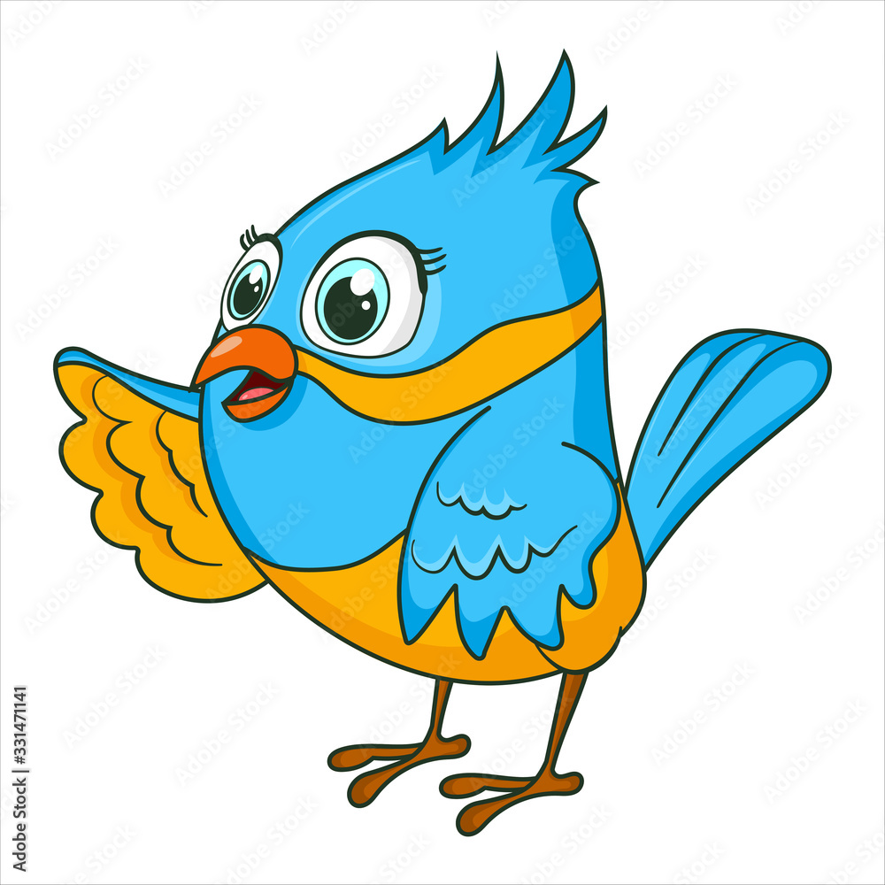 Littel Bird speak. Cute Young bird isolated on white background. Happy ...