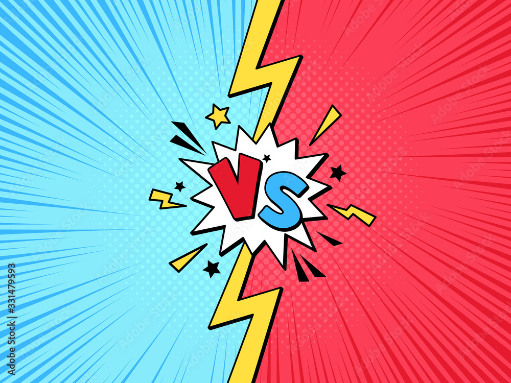 Comic book VS frame. Cartoon versus pop art lightning halftone ...