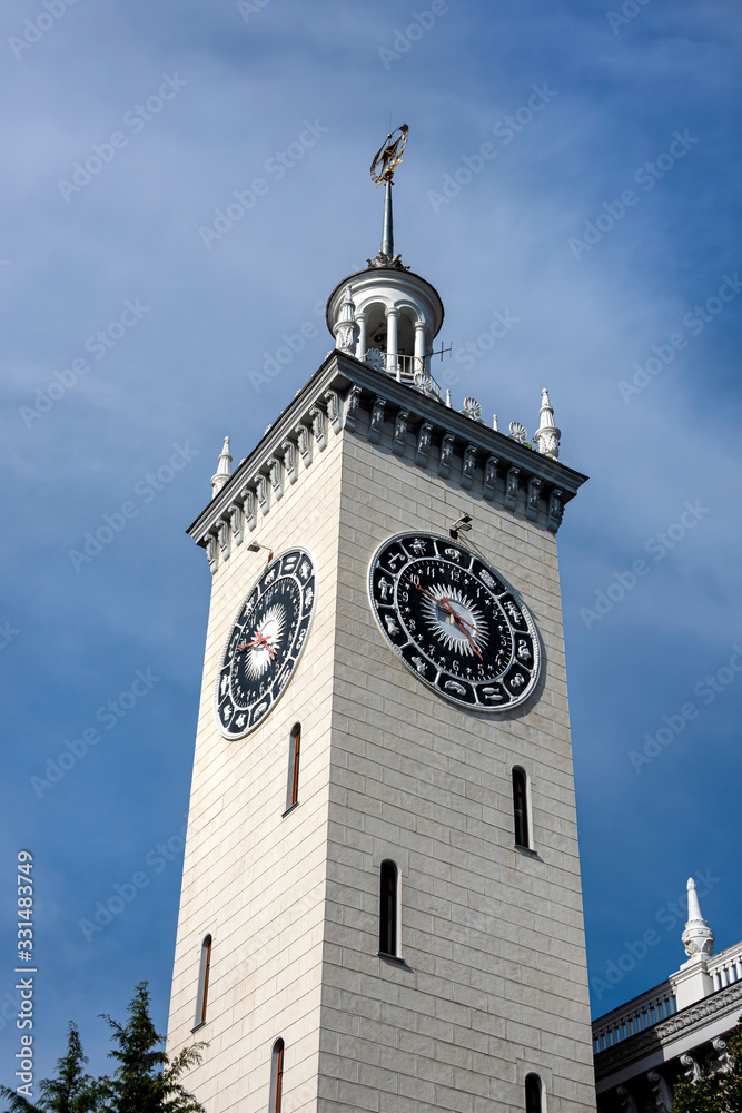 Russia, Black Sea, Sochi: Clock tower of famous central railway station ...