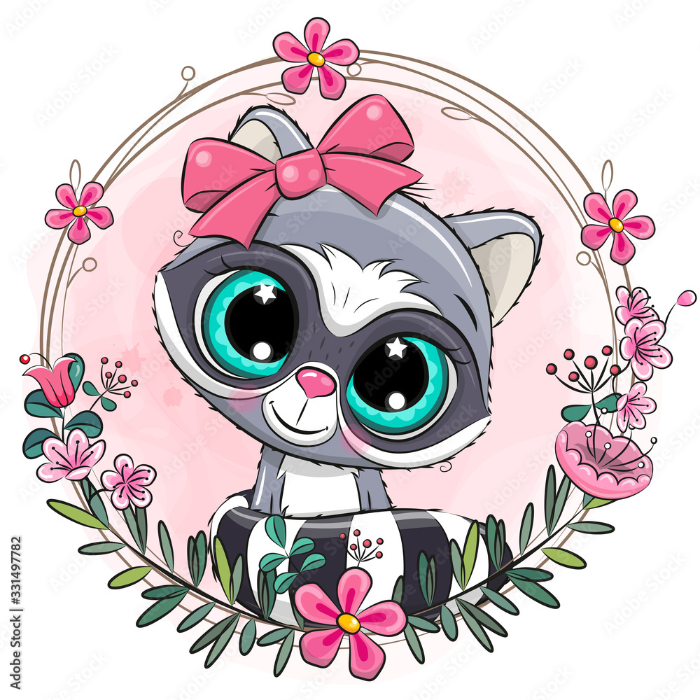 Cartoon White Raccoon with a floral wreath Stock Vector | Adobe Stock