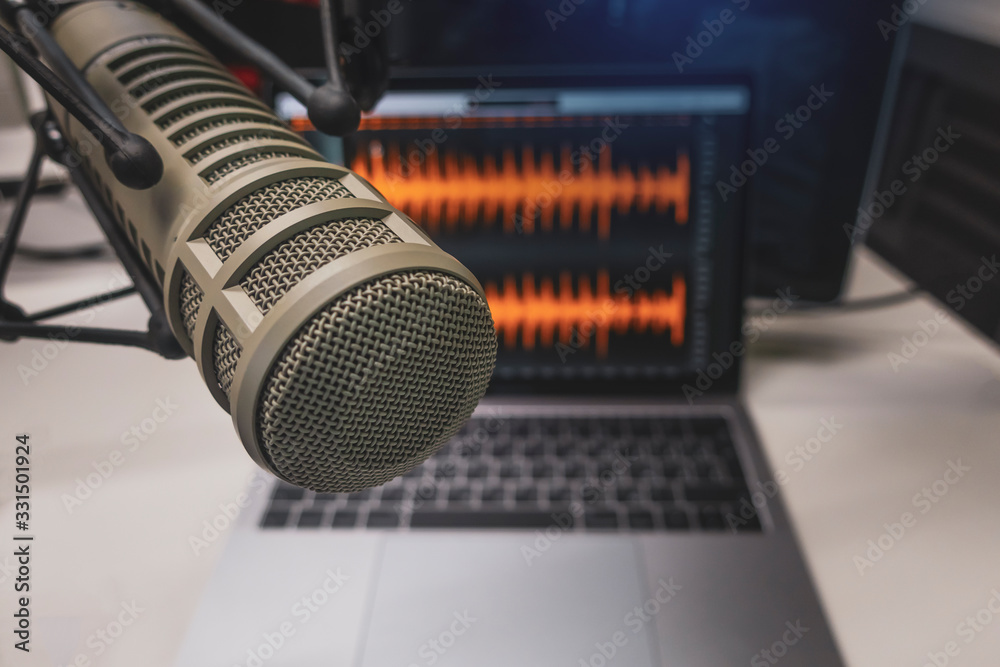 professional microphone and sound wave on a computer screen Stock Photo ...