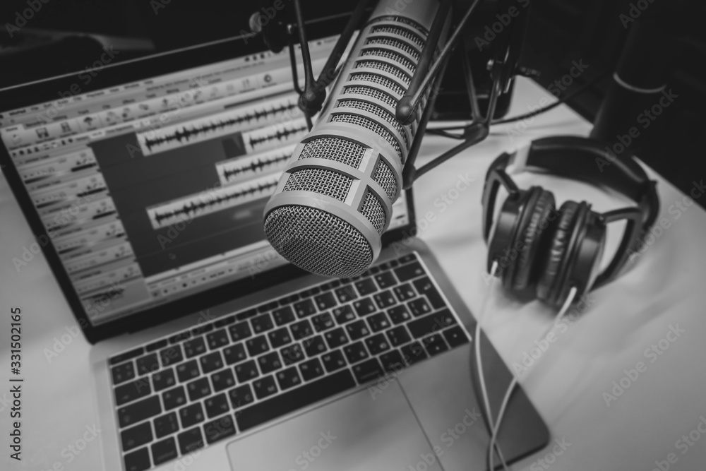 professional microphone and sound wave on a computer screen Stock Photo ...