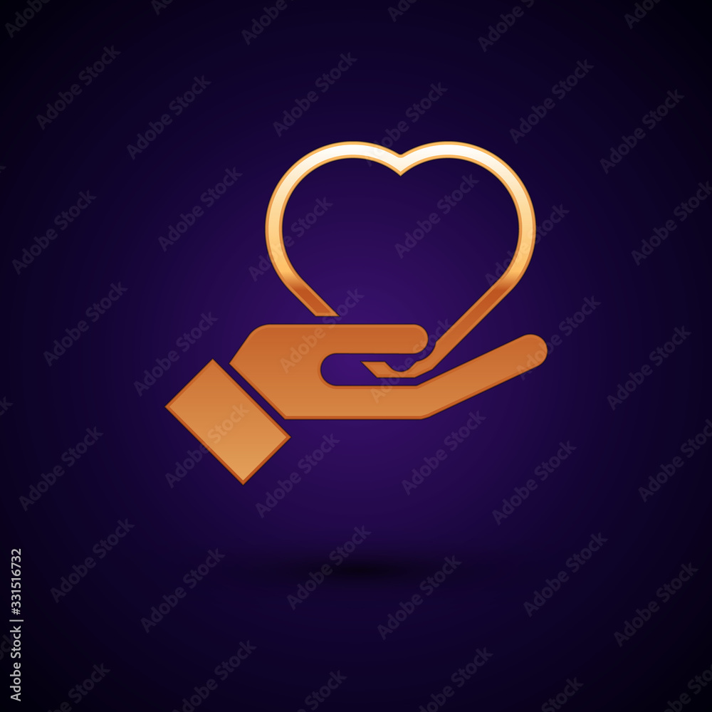 Gold Heart on hand icon isolated on dark blue background. Hand giving ...