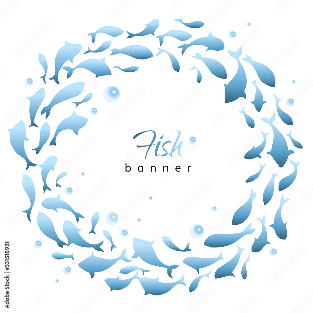 Blue banner with school of fish. Silhouettes of fish swimming in a ...