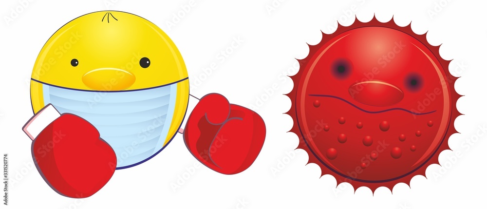 A smiley face with a medical mask over its mouth and Boxing gloves ...