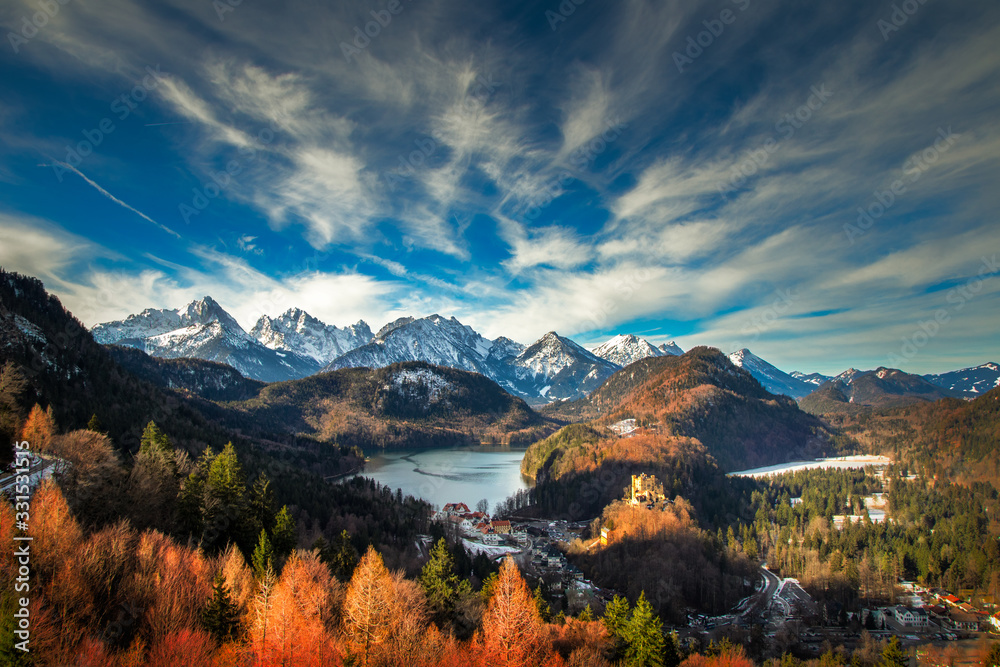Alps mountains in germany near the Hohenschwangau lake, castle and town ...