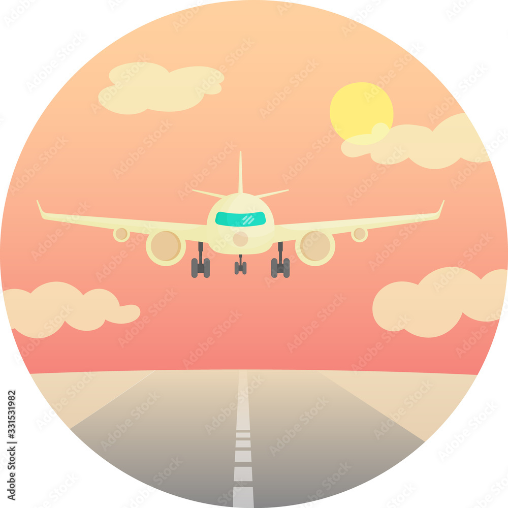 Cartoon cute plane is coming in to land. Airplane front view. Runway ...