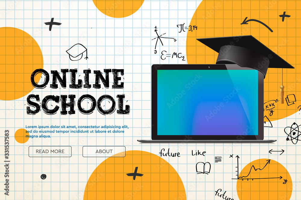 Online School, distance learning, website page, vector illustration ...