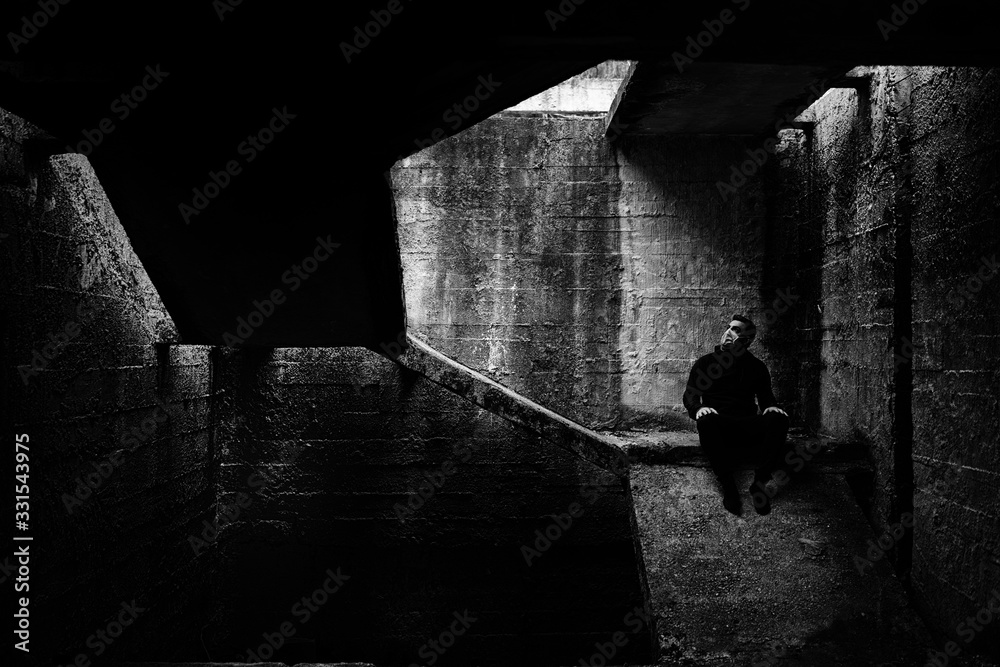 Scared sick person in isolatory concept.Abandoned patient suffering ...