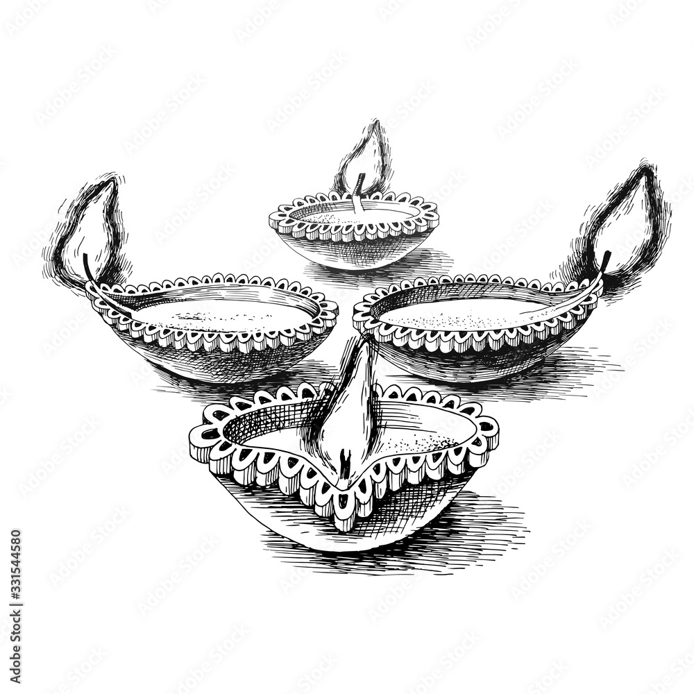 Hand drawn background with Lit diya lamps Stock Vector | Adobe Stock
