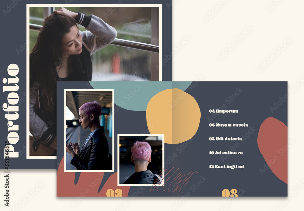 Dark Blue Portfolio Layout with Abstract and Hand-Drawn Elements Stock ...