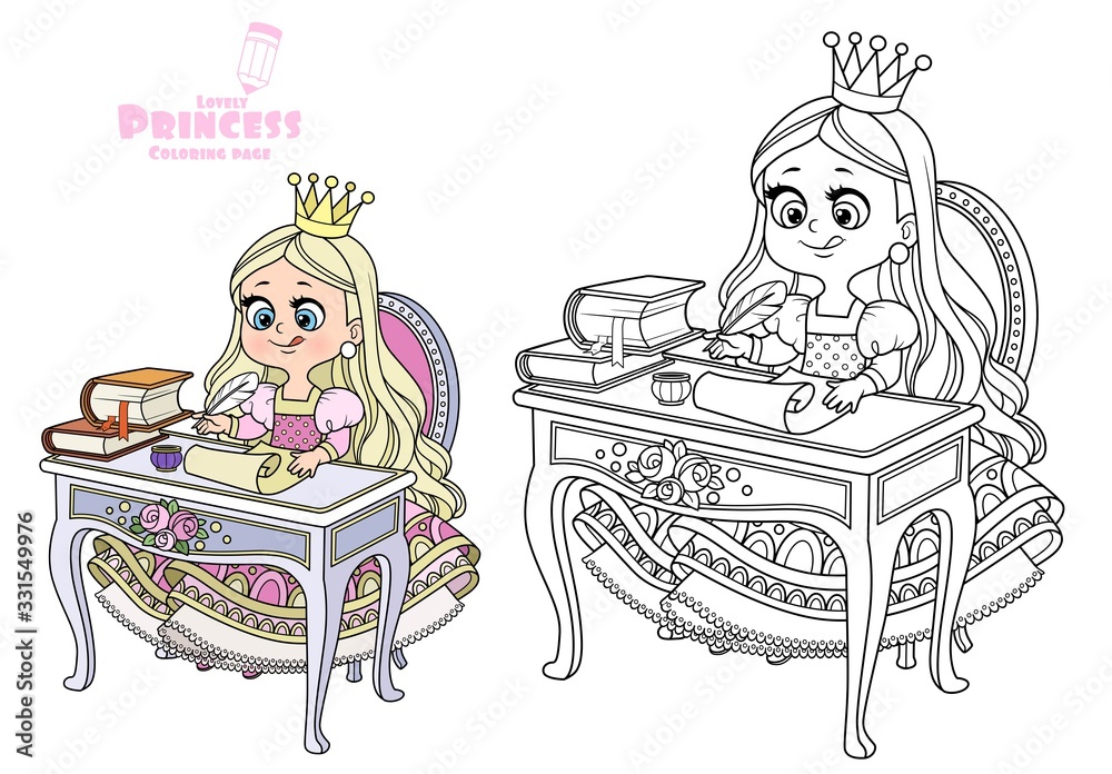 Little princess sits at a table and writes with pen on parchment ...