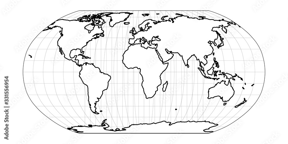 World Map in Robinson Projection with meridians and parallels grid ...