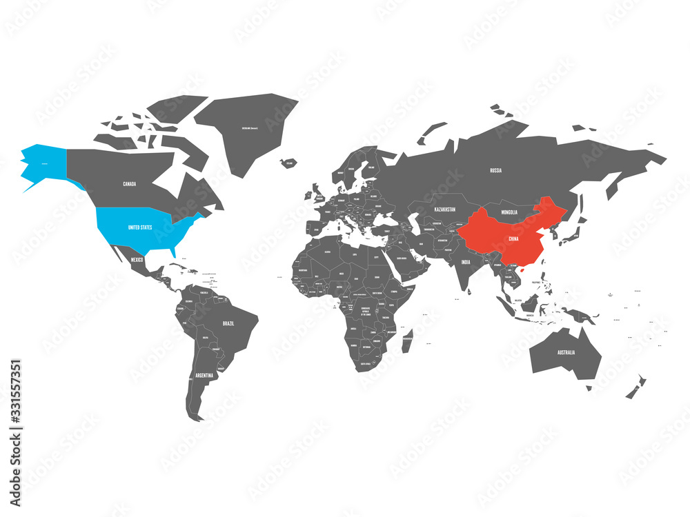 United States and China highlighted on political map of World. Vector ...
