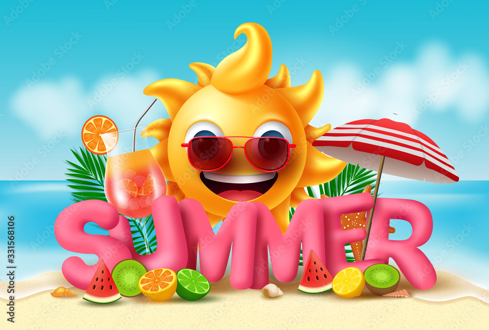 Summer vector banner design. Summer in pink 3d text with smiling sun ...