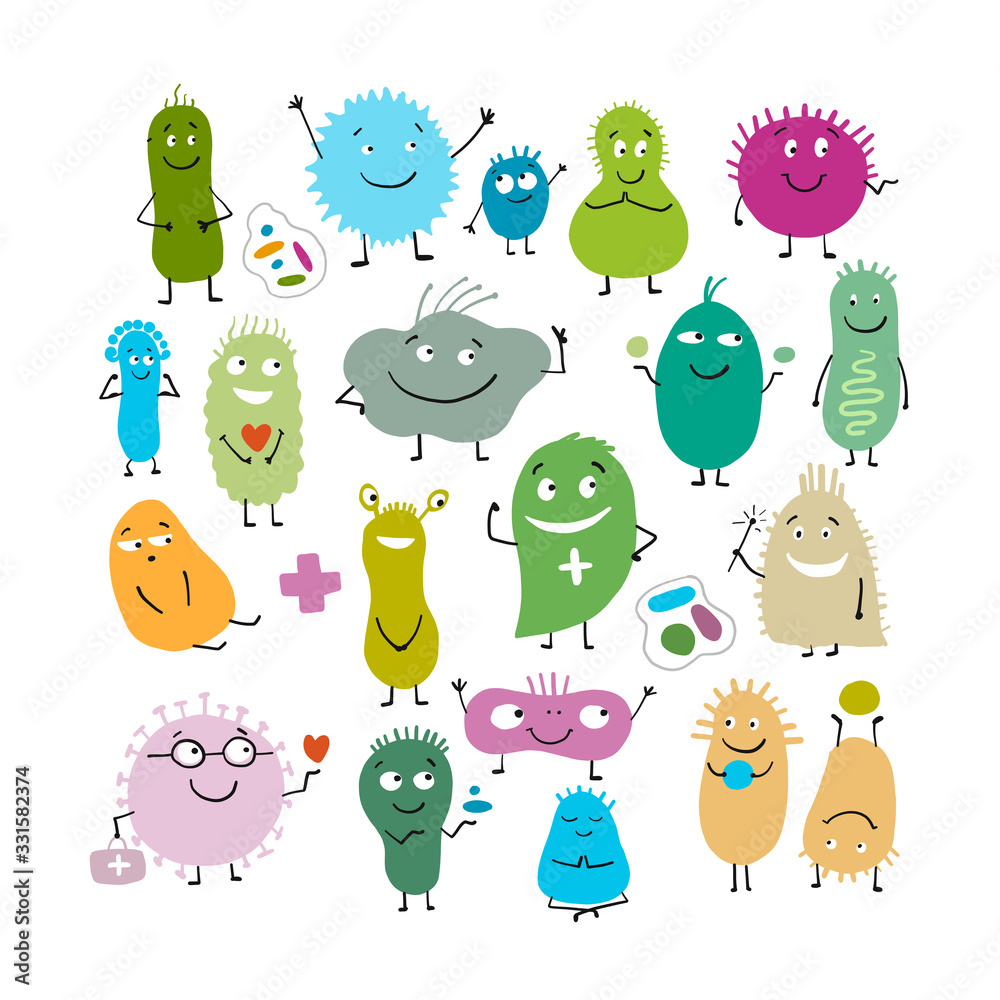 Funny and scary bacteria characters isolated on white. Vector icons of ...