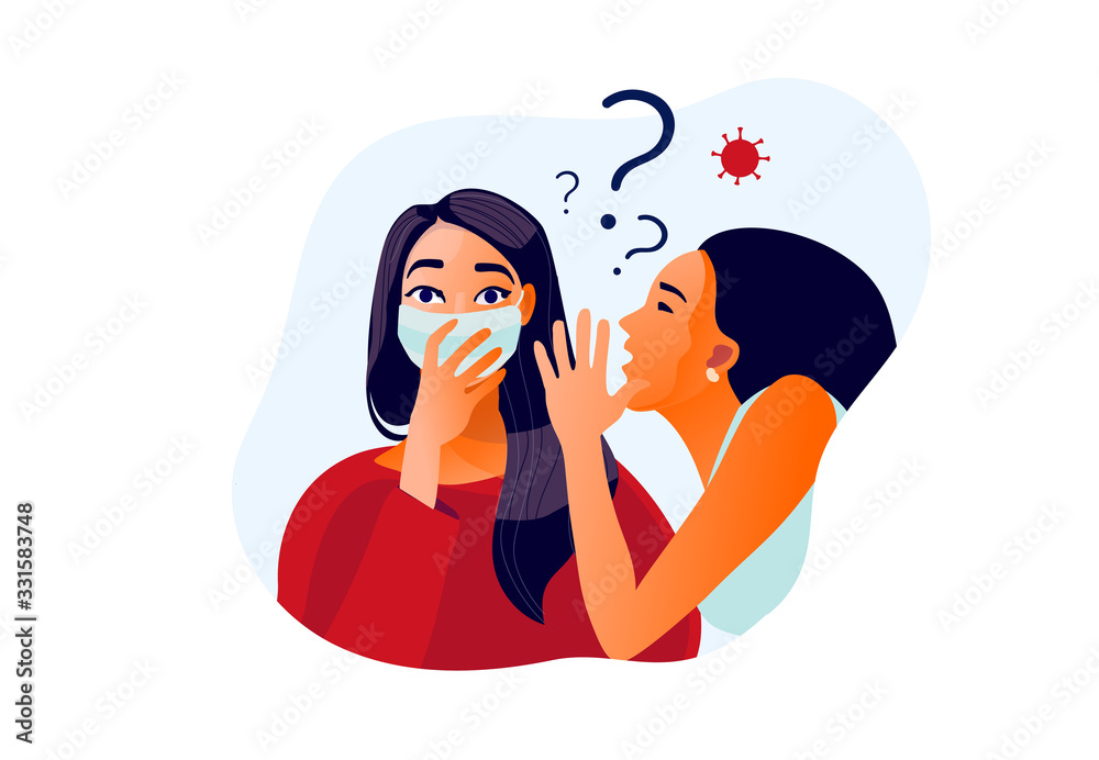2019-ncov quarantine. Two girls gossiping. Sad woman in protective mask ...