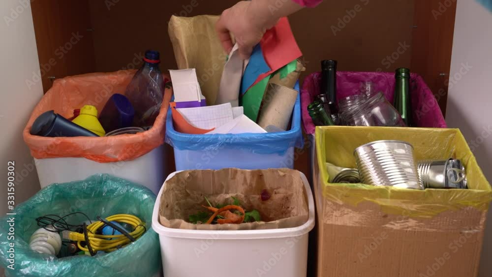 Home recycling collection (glass jars, paper packaging, metal cans ...
