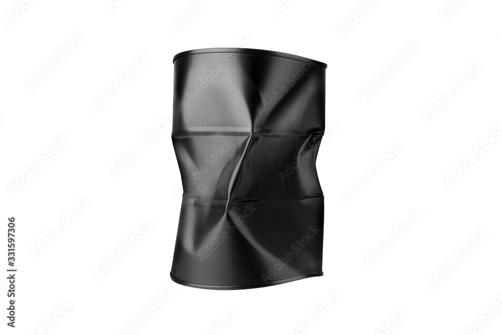 Crumpled black metal barrel isolated on white, dented oil drum, crushed ...