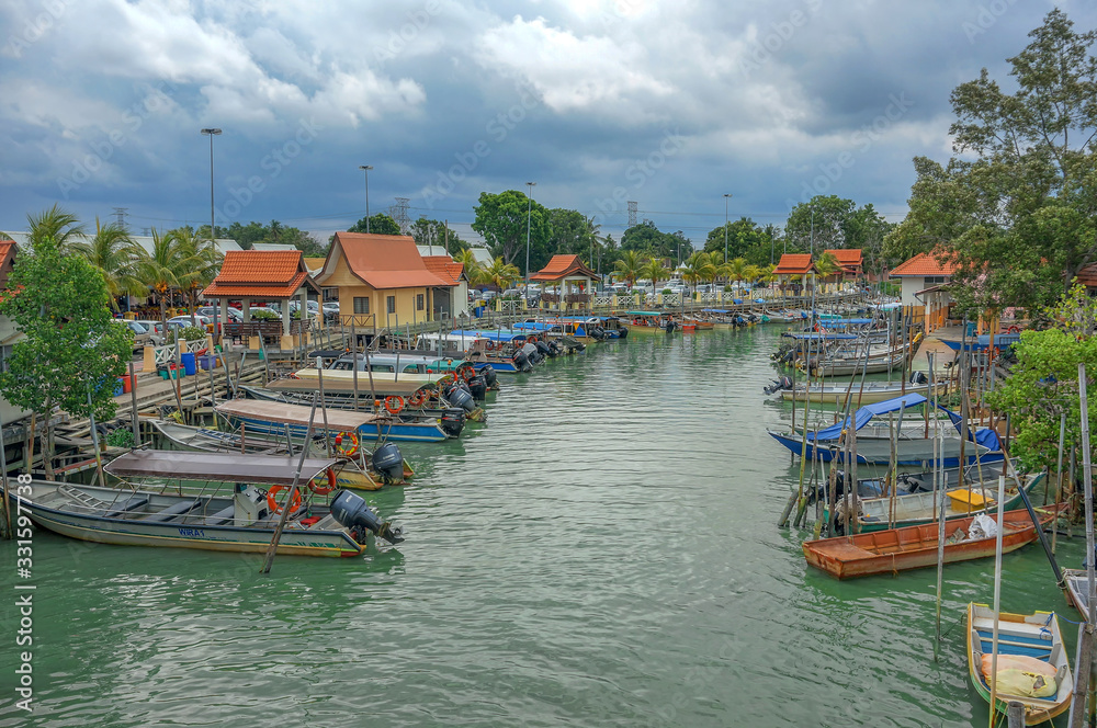 UMBAI, MALACCA - 15 MAY : Boats park at Umbai Jetty, Malacca, Malaysia ...