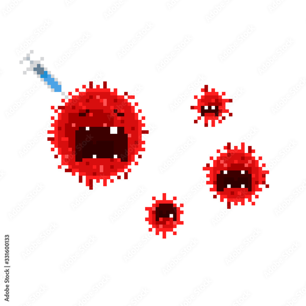 Pixel art cartoon covid-19 virus character terminating by vaccine ...