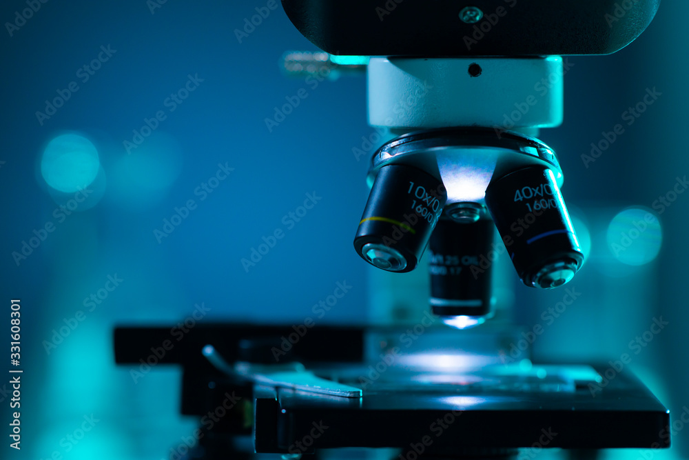 Close-up of scientific microscope. Laboratory in hospital. Epidemic ...