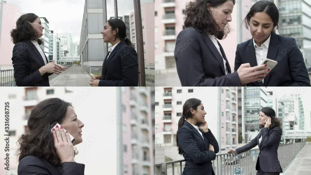 Female colleagues talking and using smartphones. Multiscreen montage of ...