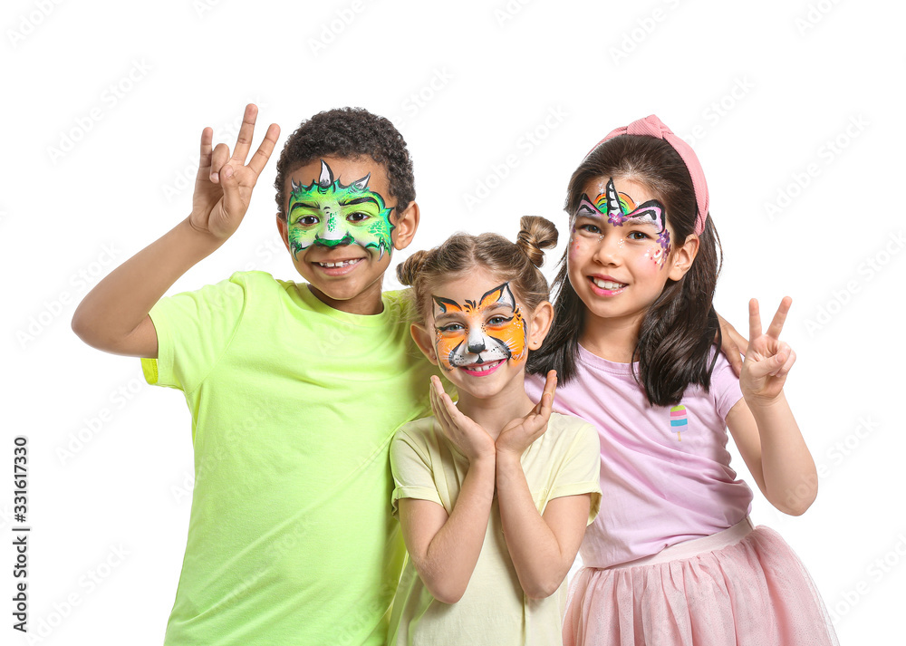 Funny children with face painting on white background Stock Photo ...