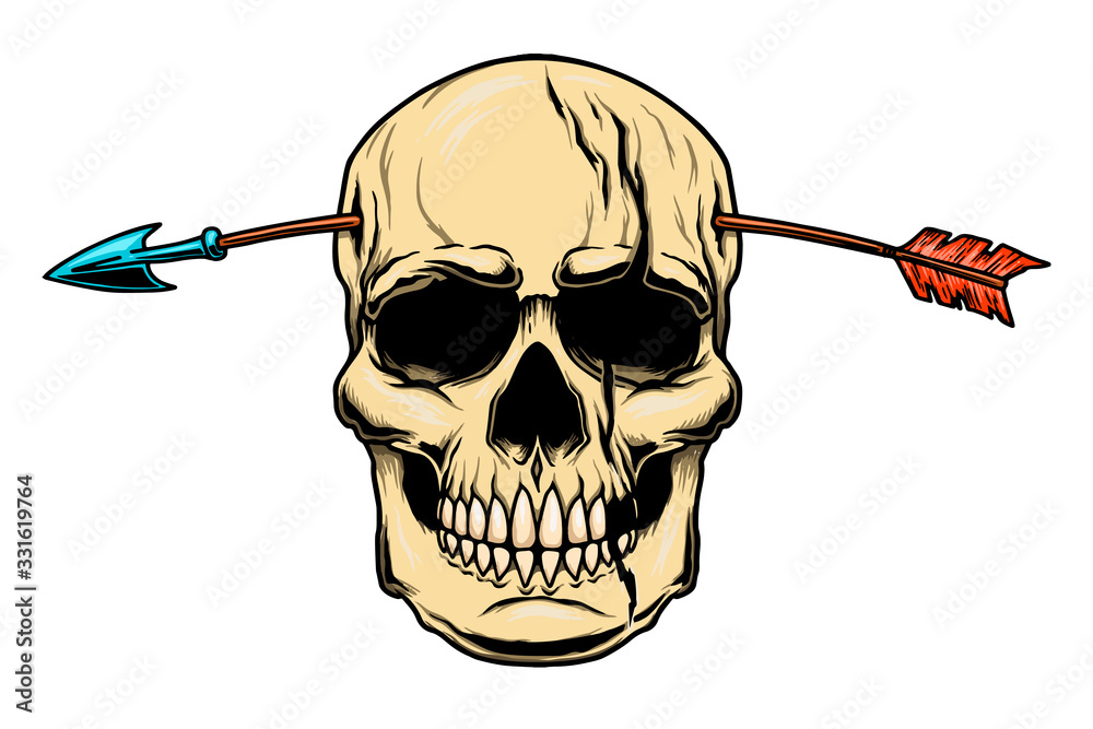 Illustration of human skull with arrow in head. Design element for logo ...