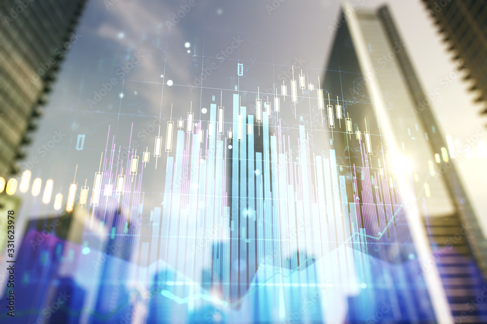 Double exposure of abstract financial graph on office buildings ...