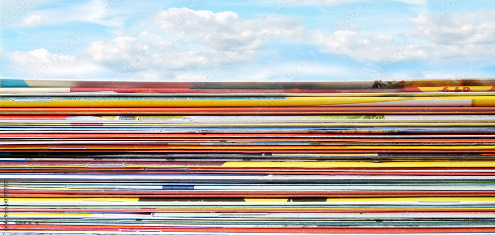 panoramic view of Pile of supermarket advertising brochures. Folded ...