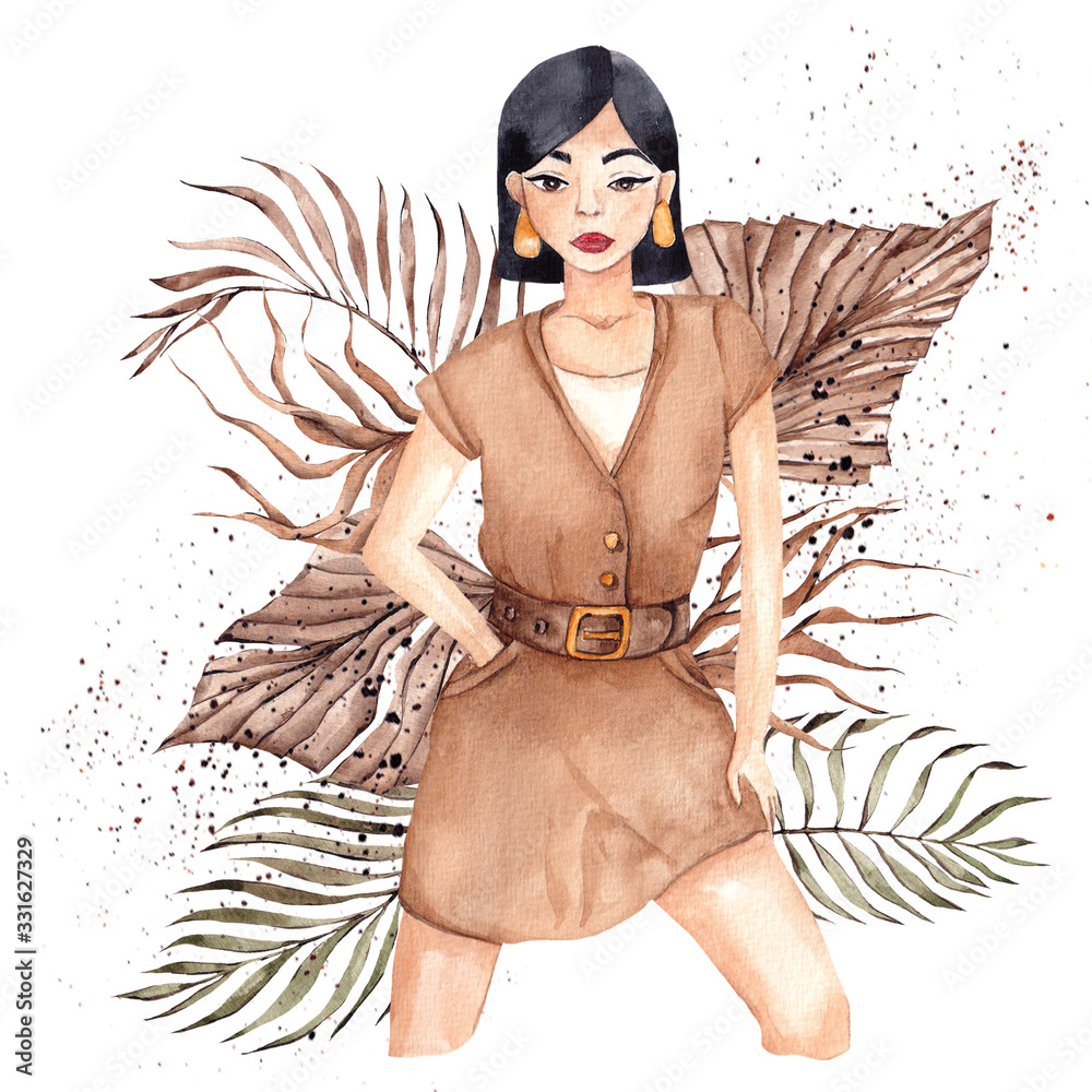 Watercolor hand draw illustration with pretty woman and tropical leaves ...