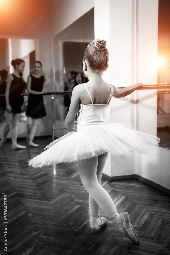 Young ballet dancer posing by ballet bar, stretching right leg standing ...