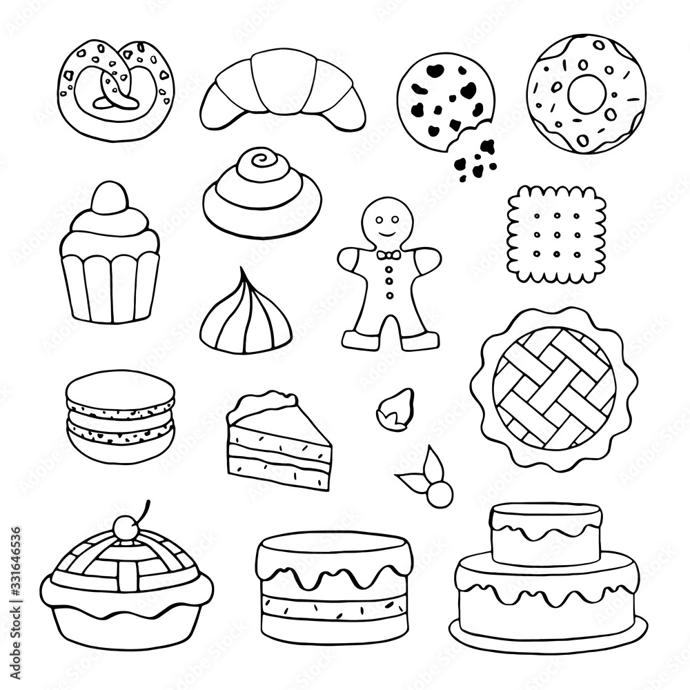 Outline simple vector set of baking and pastry - roll, bun, cookie ...