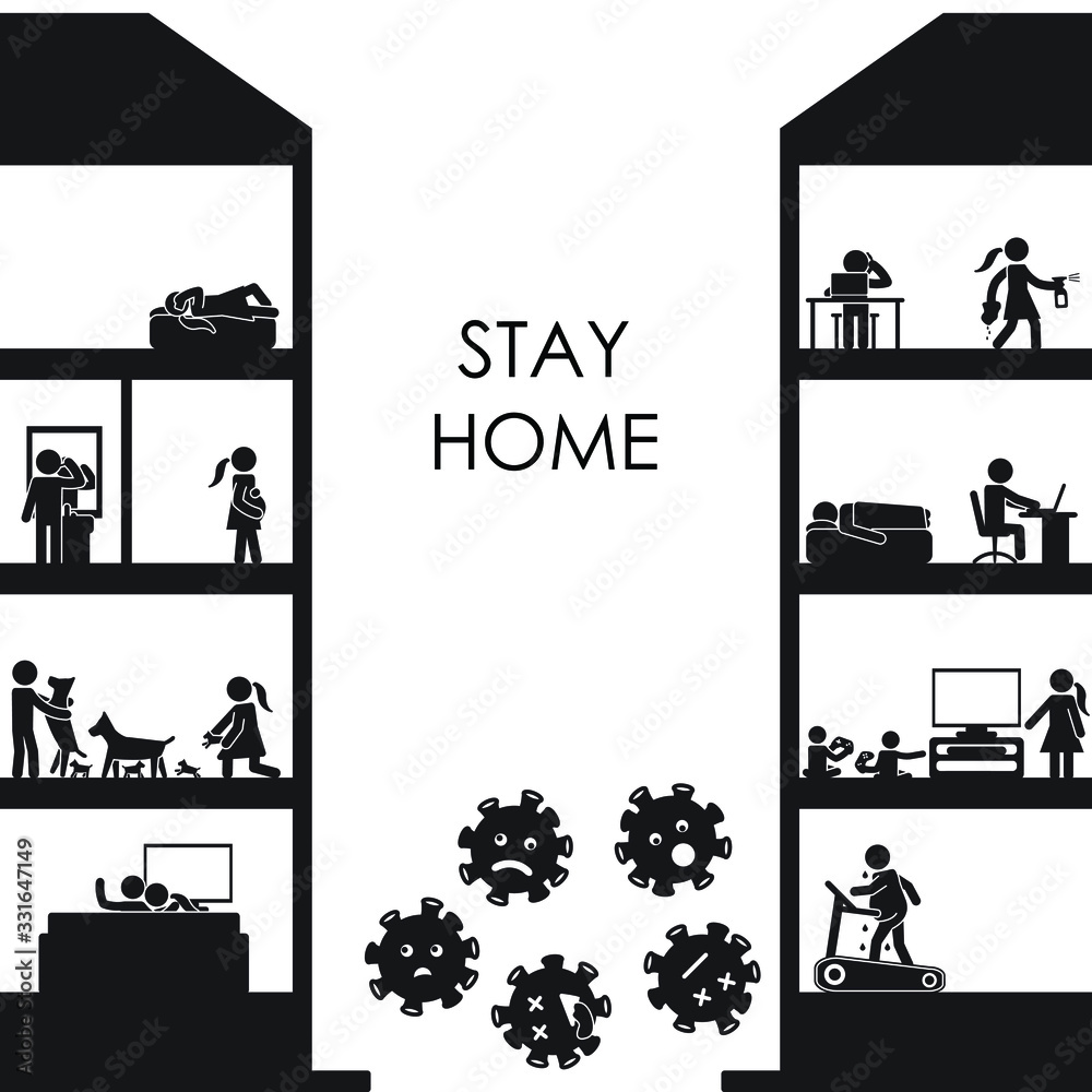 Home quarantine illustration with stick people. Stay home Coronavirus ...