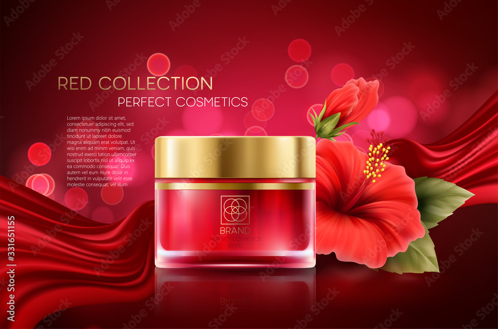 Cosmetics products with luxury collection composition on red blurred ...