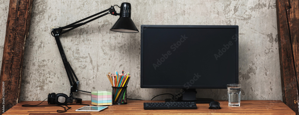 Home workplace - desk with computer Stock Photo | Adobe Stock