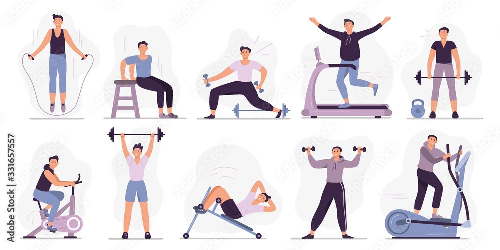 Man at sport gym. Vector illustration set. Sport exercise male ...