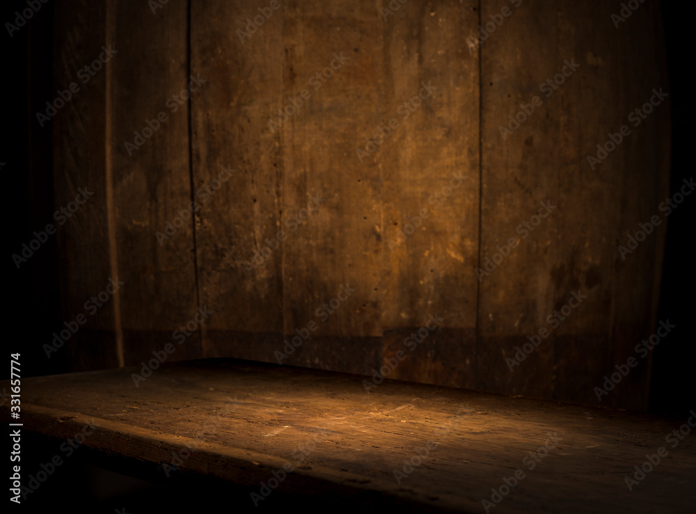 background of barrel and worn old table of wood Stock Photo | Adobe Stock