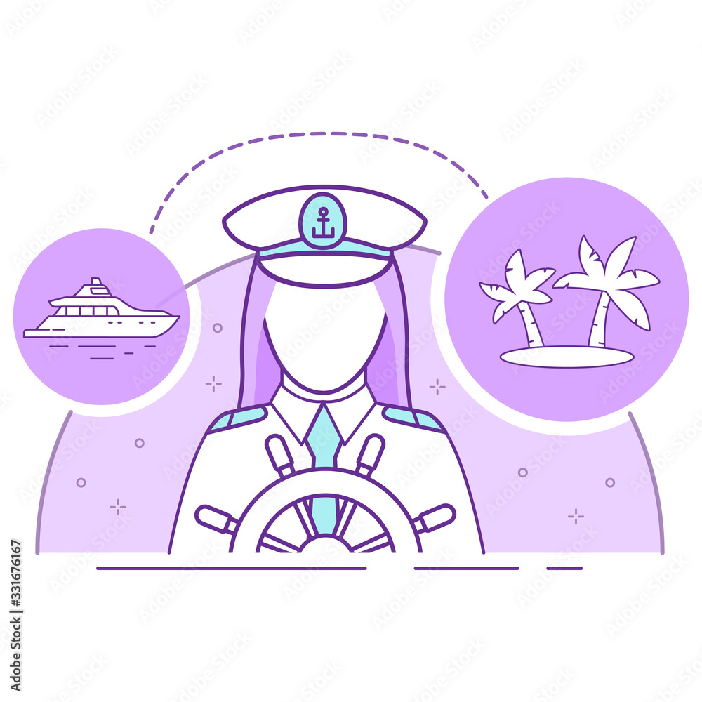Woman captain in uniform. Cruise on a yacht to a tropical island. Icon ...
