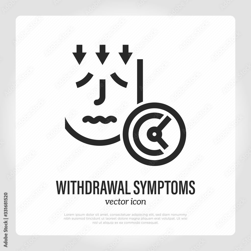 Withdrawal symptoms. Thin line icon. Alcohol abuse. Sad man with arrows ...