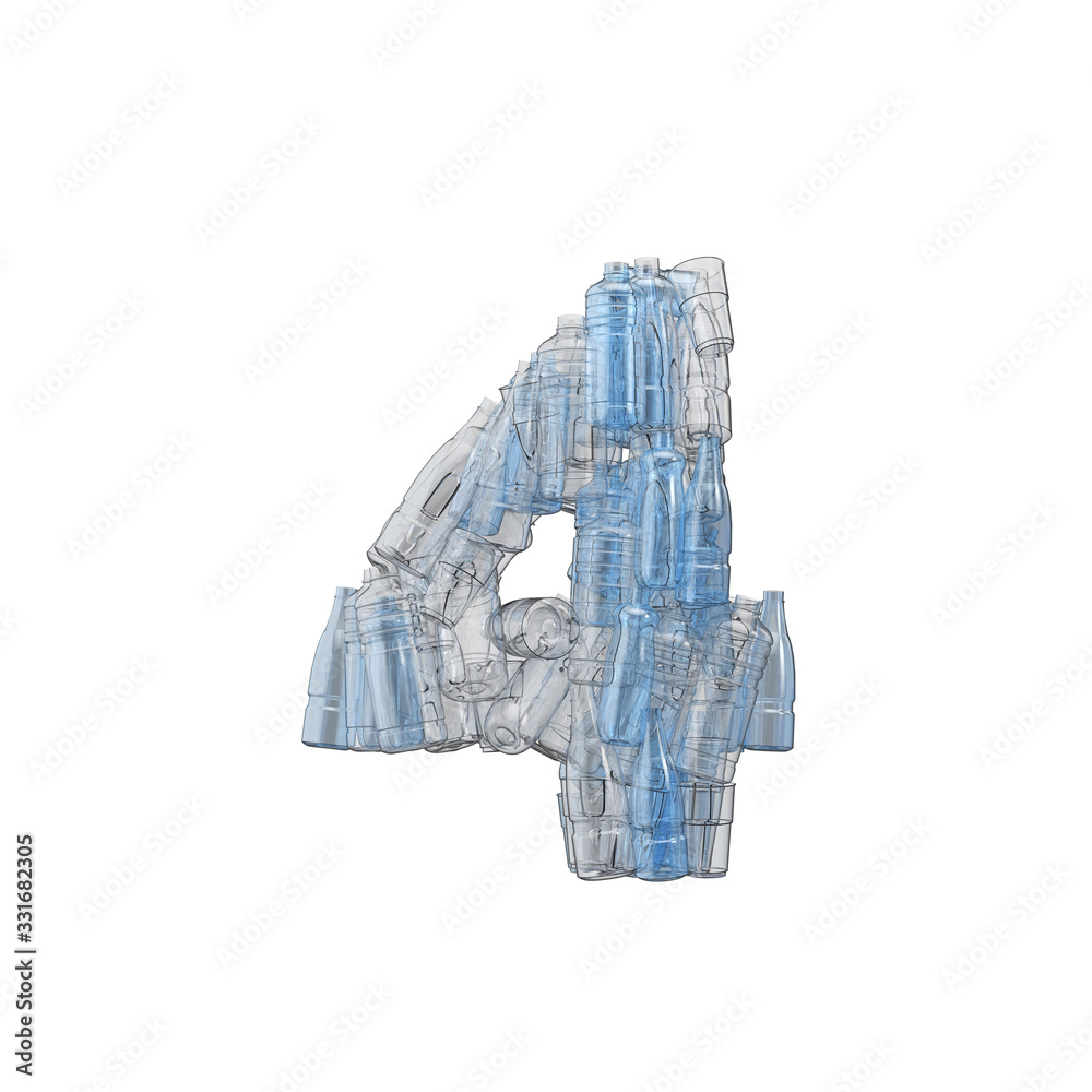 Number 4 made from plastic bottles. Plastic recycling font. 3D ...