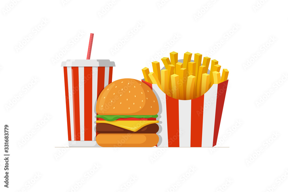 Fast sreet food takeaway lunch meal set. Classic cheese burger with ...