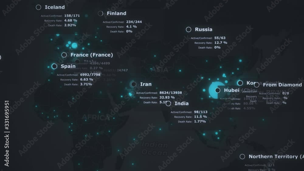 Pandemic of coronavirus COVID19 spreads from wuhan in china over black mainlands with azure dots ...