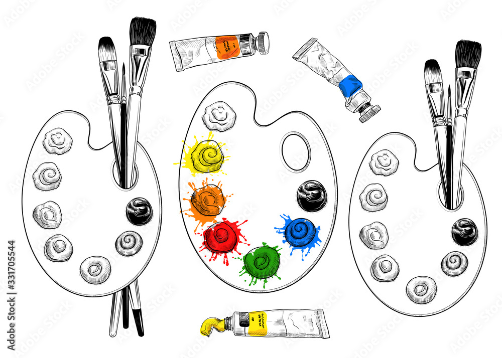 .A set of artist's palettes with brushes.Vector illustration of ...