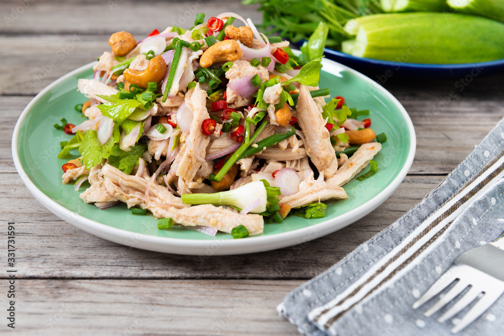 Steamed rip chicken spicy salad with shallot, celery, chili and ...