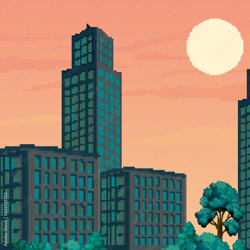 Vector illustration of pixel art city. Pixel art retro futuristic ...